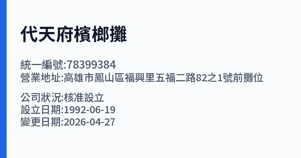 代天府檳榔攤的照片-統編 78399384(高雄市) 公司登記資料與營業項目詳細圖表