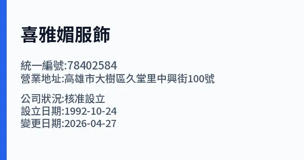 喜雅媚服飾的照片-統編 78402584(高雄市) 公司登記資料與營業項目詳細圖表