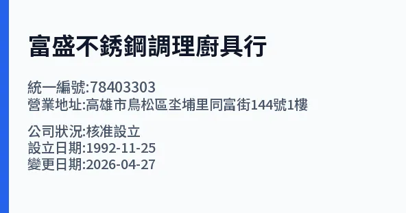 富盛不銹鋼調理廚具行的照片-統編 78403303(高雄市) 公司登記資料與營業項目詳細圖表