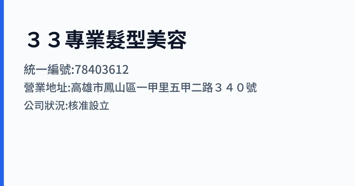 ３３專業髮型美容 - 統編 78403612(高雄市) 公司登記資料與營業項目詳細圖表