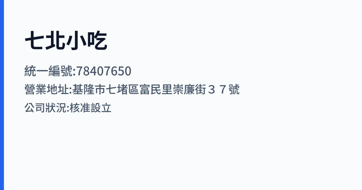 七北小吃 - 統編 78407650(基隆市) 公司登記資料與營業項目詳細圖表