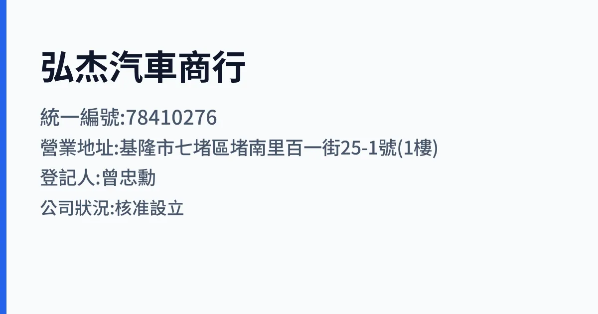 弘杰汽車商行 - 統編 78410276(基隆市) 公司登記資料與營業項目詳細圖表