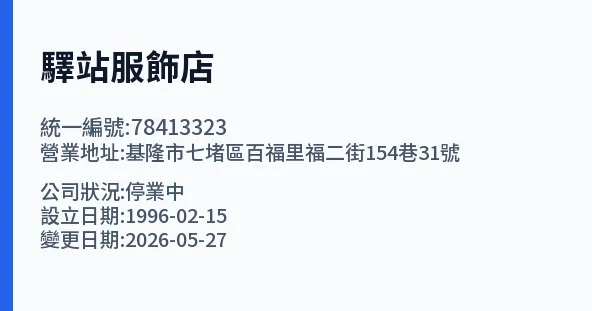 驛站服飾店的照片-統編 78413323(基隆市) 公司登記資料與營業項目詳細圖表