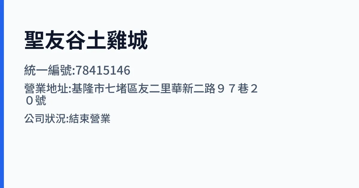 聖友谷土雞城 - 統編 78415146(基隆市) 公司登記資料與營業項目詳細圖表