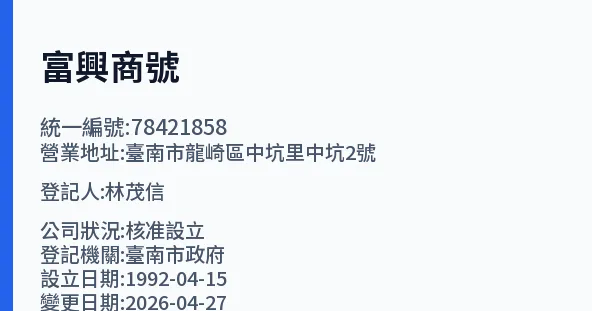 富興商號的照片-統編 78421858(臺南市) 公司登記資料與營業項目詳細圖表