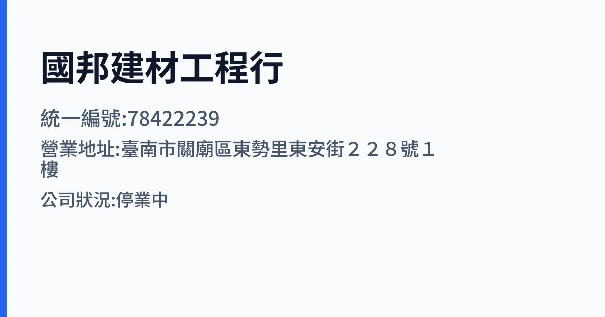 國邦建材工程行 - 統編 78422239(臺南市) 公司登記資料與營業項目詳細圖表