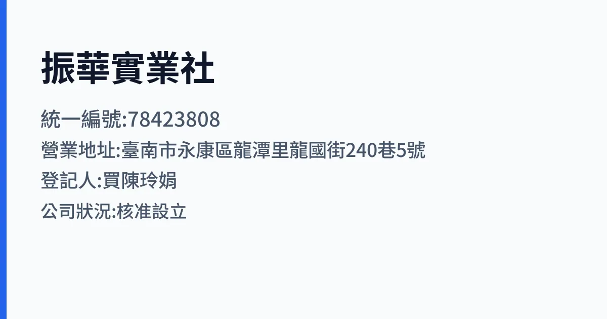 振華實業社 - 統編 78423808(臺南市) 公司登記資料與營業項目詳細圖表