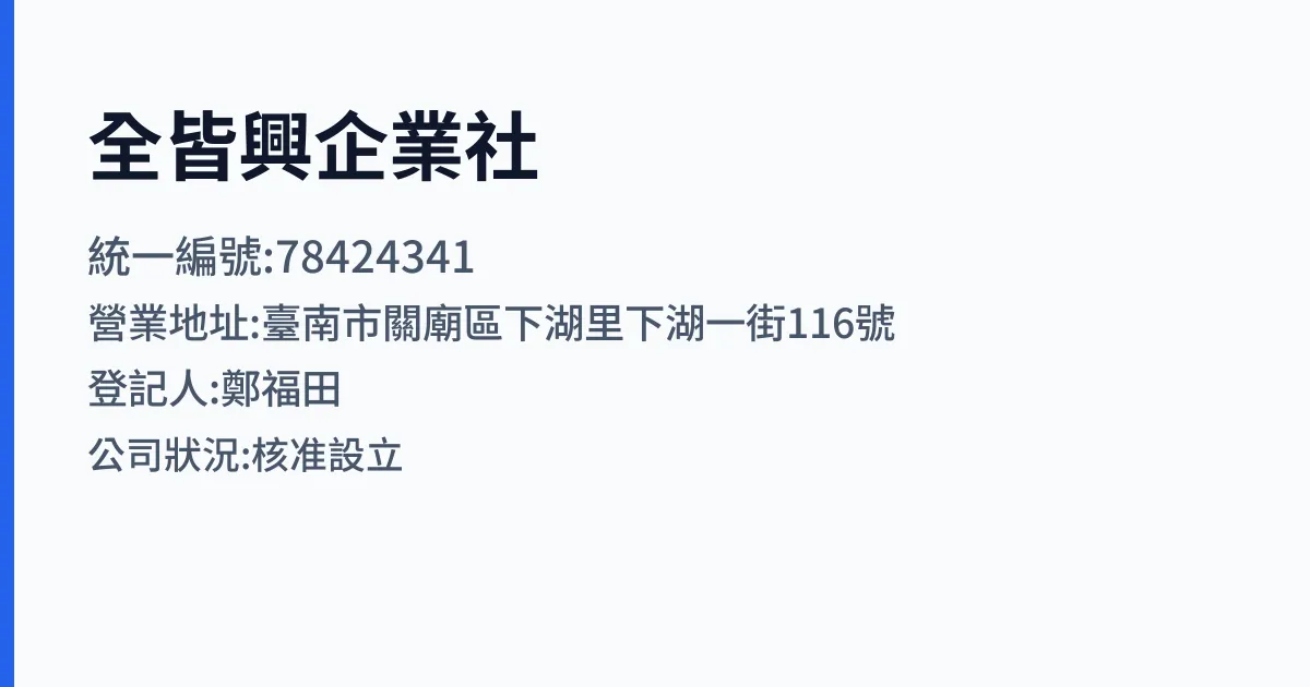 全皆興企業社 - 統編 78424341(臺南市) 公司登記資料與營業項目詳細圖表