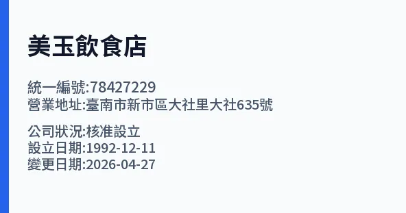 美玉飲食店的照片-統編 78427229(臺南市) 公司登記資料與營業項目詳細圖表