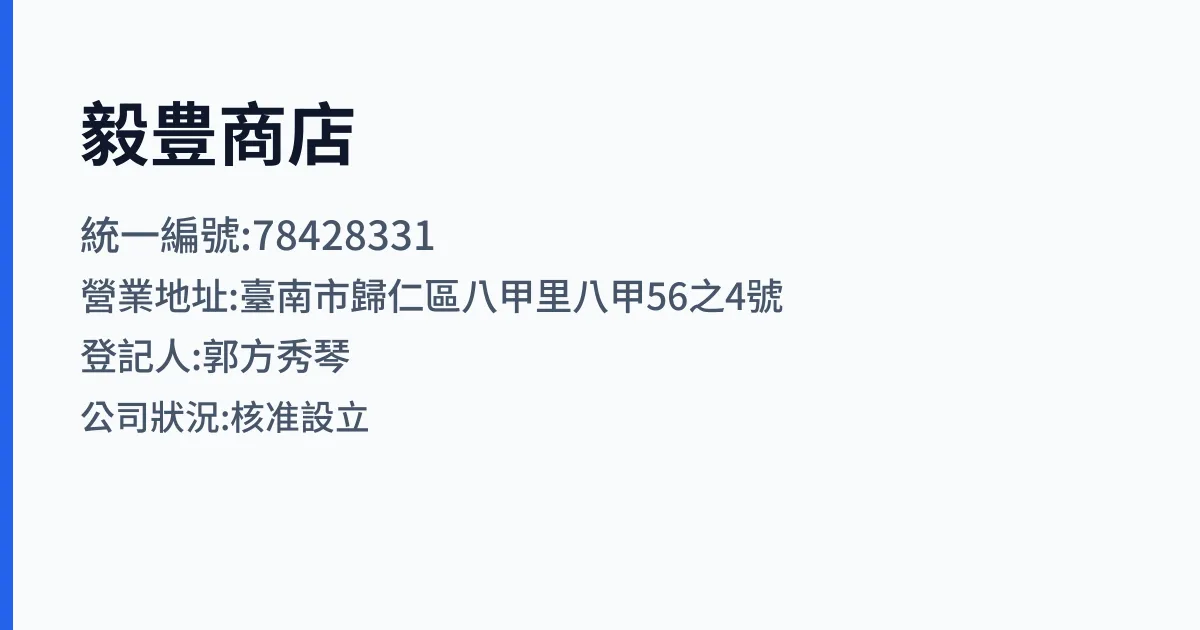 毅豊商店 - 統編 78428331(臺南市) 公司登記資料與營業項目詳細圖表