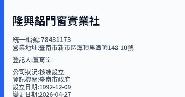 隆興鋁門窗實業社的照片-統編 78431173(臺南市) 公司登記資料與營業項目詳細圖表