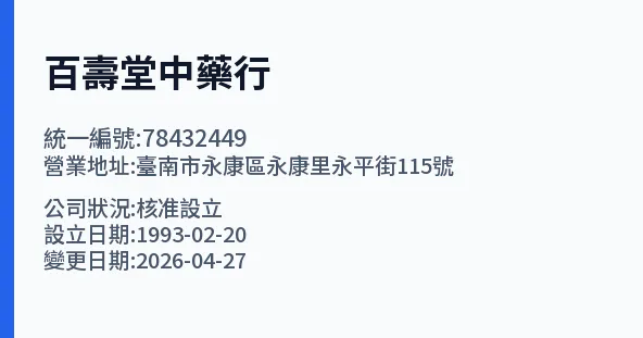 百壽堂中藥行的照片-統編 78432449(臺南市) 公司登記資料與營業項目詳細圖表