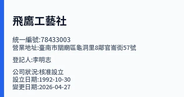 飛鷹工藝社的照片-統編 78433003(臺南市) 公司登記資料與營業項目詳細圖表