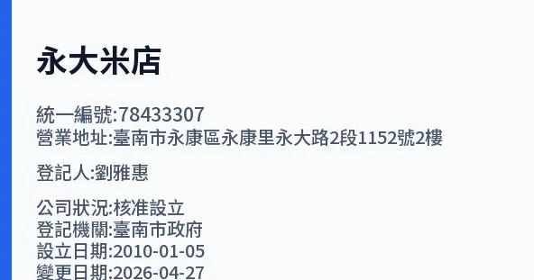 永大米店的照片-統編 78433307(臺南市) 公司登記資料與營業項目詳細圖表