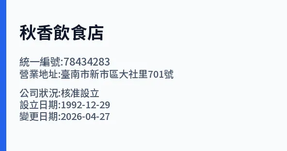 秋香飲食店的照片-統編 78434283(臺南市) 公司登記資料與營業項目詳細圖表