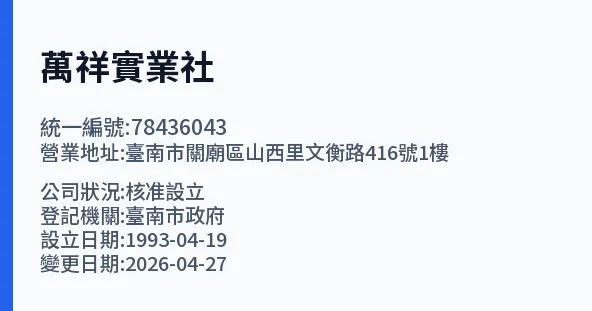 萬祥實業社的照片-統編 78436043(臺南市) 公司登記資料與營業項目詳細圖表