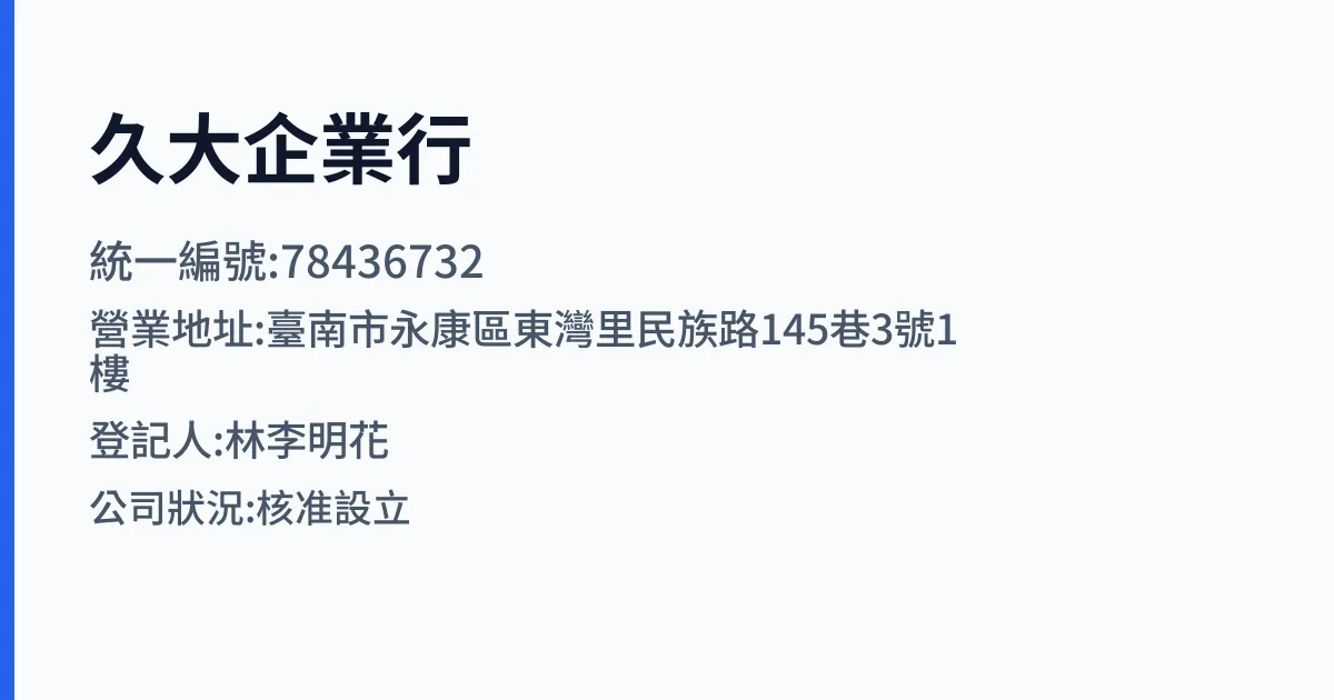 久大企業行 - 統編 78436732(臺南市) 公司登記資料與營業項目詳細圖表