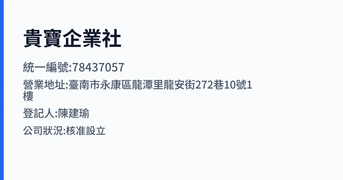 貴寶企業社 - 統編 78437057(臺南市) 公司登記資料與營業項目詳細圖表