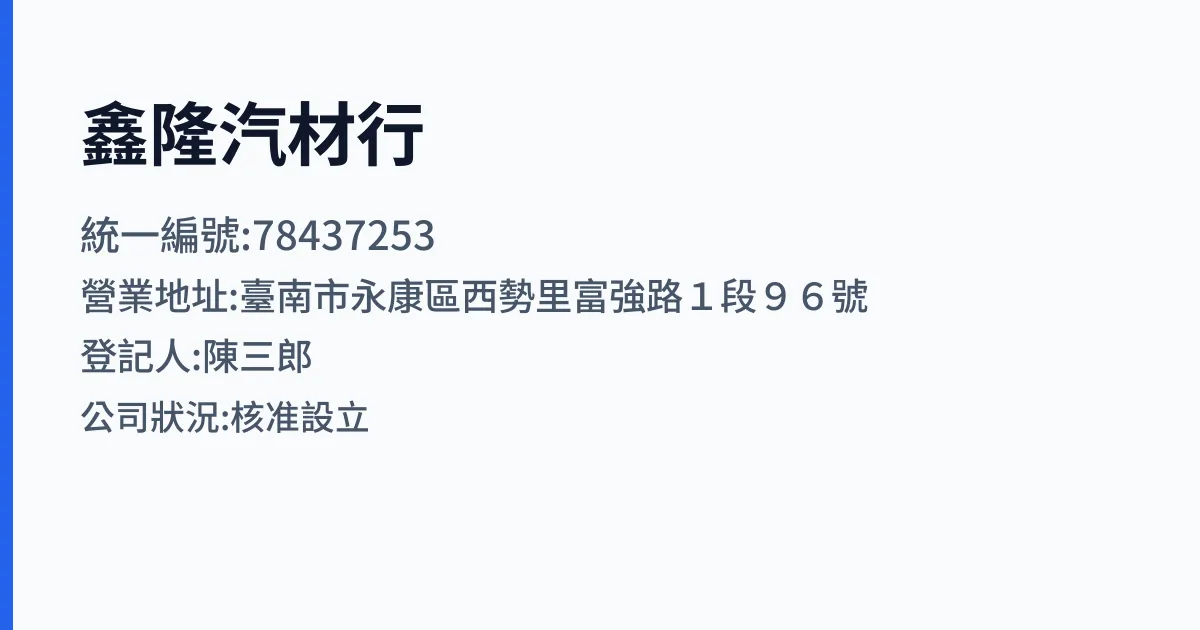 鑫隆汽材行 - 統編 78437253(臺南市) 公司登記資料與營業項目詳細圖表