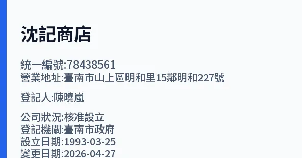 沈記商店的照片-統編 78438561(臺南市) 公司登記資料與營業項目詳細圖表