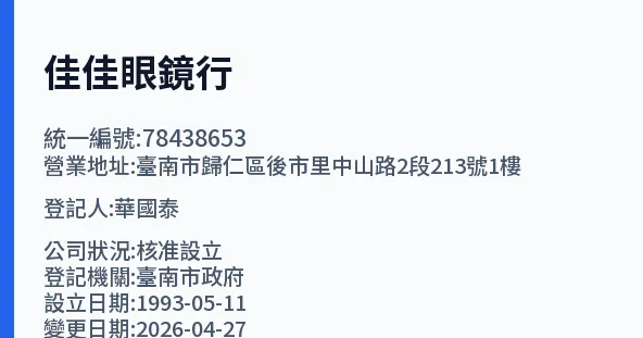 佳佳眼鏡行的照片-統編 78438653(臺南市) 公司登記資料與營業項目詳細圖表
