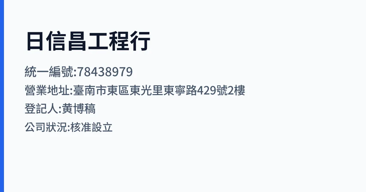 日信昌工程行 - 統編 78438979(臺南市) 公司登記資料與營業項目詳細圖表