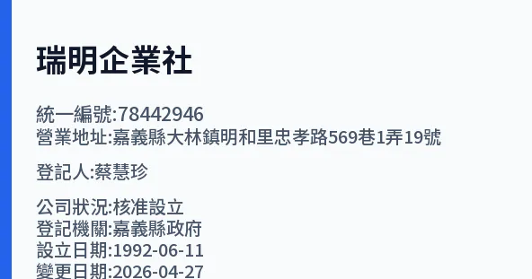 瑞明企業社的照片-統編 78442946(嘉義縣) 公司登記資料與營業項目詳細圖表