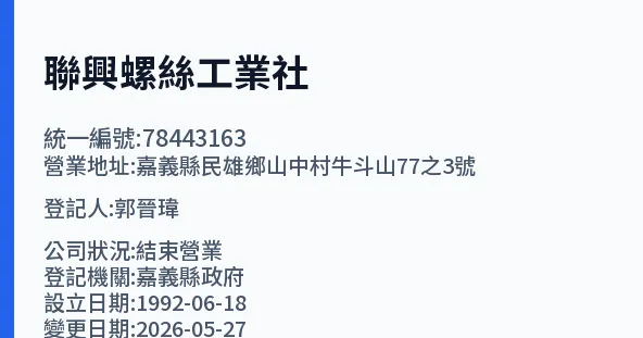 聯興螺絲工業社的照片-統編 78443163(嘉義縣) 公司登記資料與營業項目詳細圖表