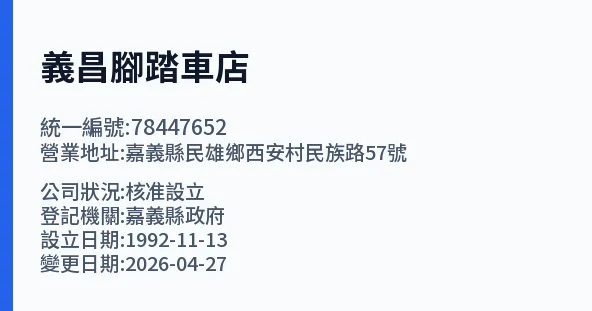 義昌腳踏車店的照片-統編 78447652(嘉義縣) 公司登記資料與營業項目詳細圖表