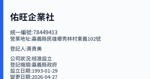 佑旺企業社的照片-統編 78449413(嘉義縣) 公司登記資料與營業項目詳細圖表