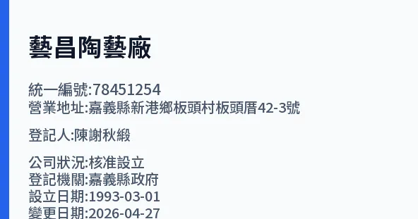 藝昌陶藝廠的照片-統編 78451254(嘉義縣) 公司登記資料與營業項目詳細圖表
