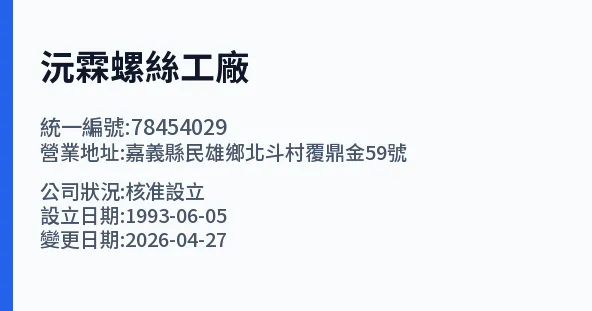 沅霖螺絲工廠的照片-統編 78454029(嘉義縣) 公司登記資料與營業項目詳細圖表