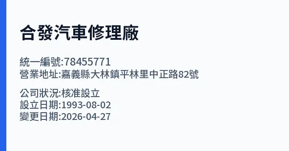 合發汽車修理廠的照片-統編 78455771(嘉義縣) 公司登記資料與營業項目詳細圖表