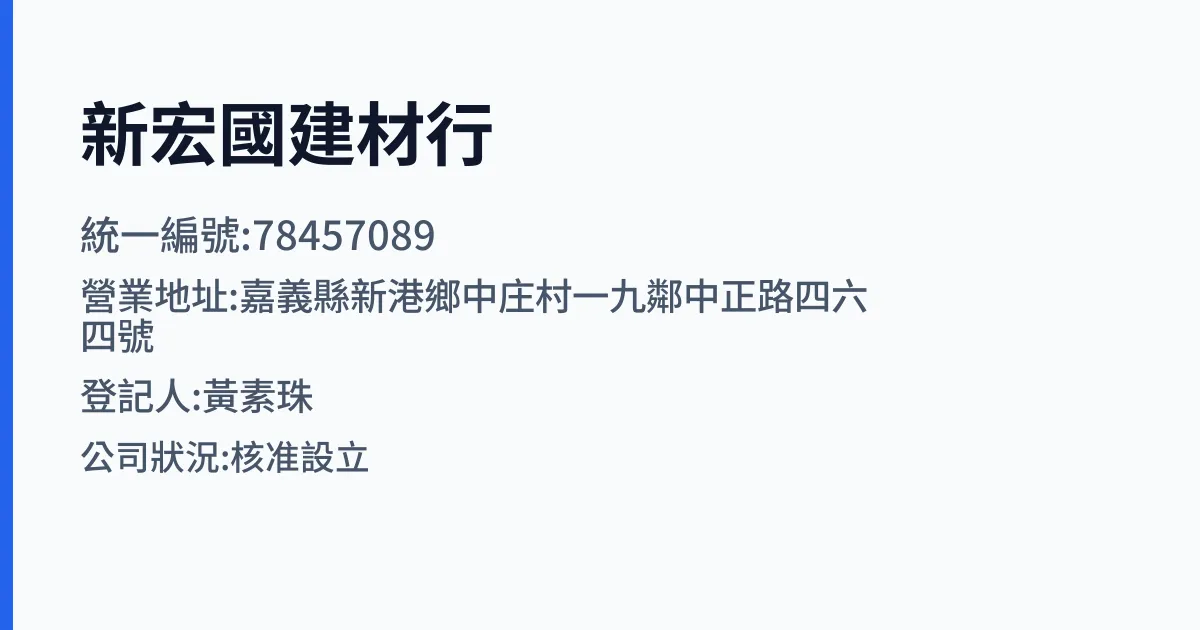 新宏國建材行 - 統編 78457089(嘉義縣) 公司登記資料與營業項目詳細圖表