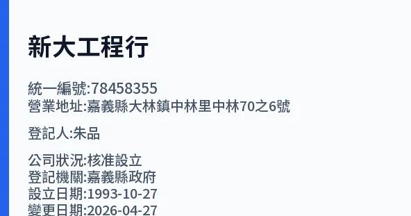 新大工程行的照片-統編 78458355(嘉義縣) 公司登記資料與營業項目詳細圖表
