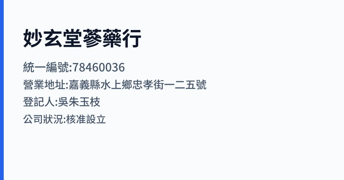 妙玄堂蔘藥行 - 統編 78460036(嘉義縣) 公司登記資料與營業項目詳細圖表
