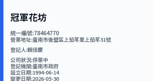 冠軍花坊的照片-統編 78464770(臺南市) 公司登記資料與營業項目詳細圖表