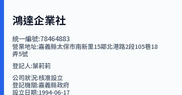 鴻達企業社的照片-統編 78464883(嘉義縣) 公司登記資料與營業項目詳細圖表