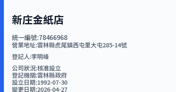 新庄金紙店的照片-統編 78466968(雲林縣) 公司登記資料與營業項目詳細圖表