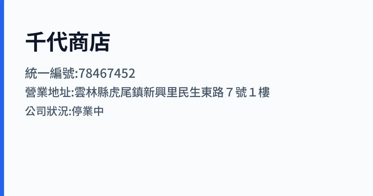 千代商店 - 統編 78467452(雲林縣) 公司登記資料與營業項目詳細圖表