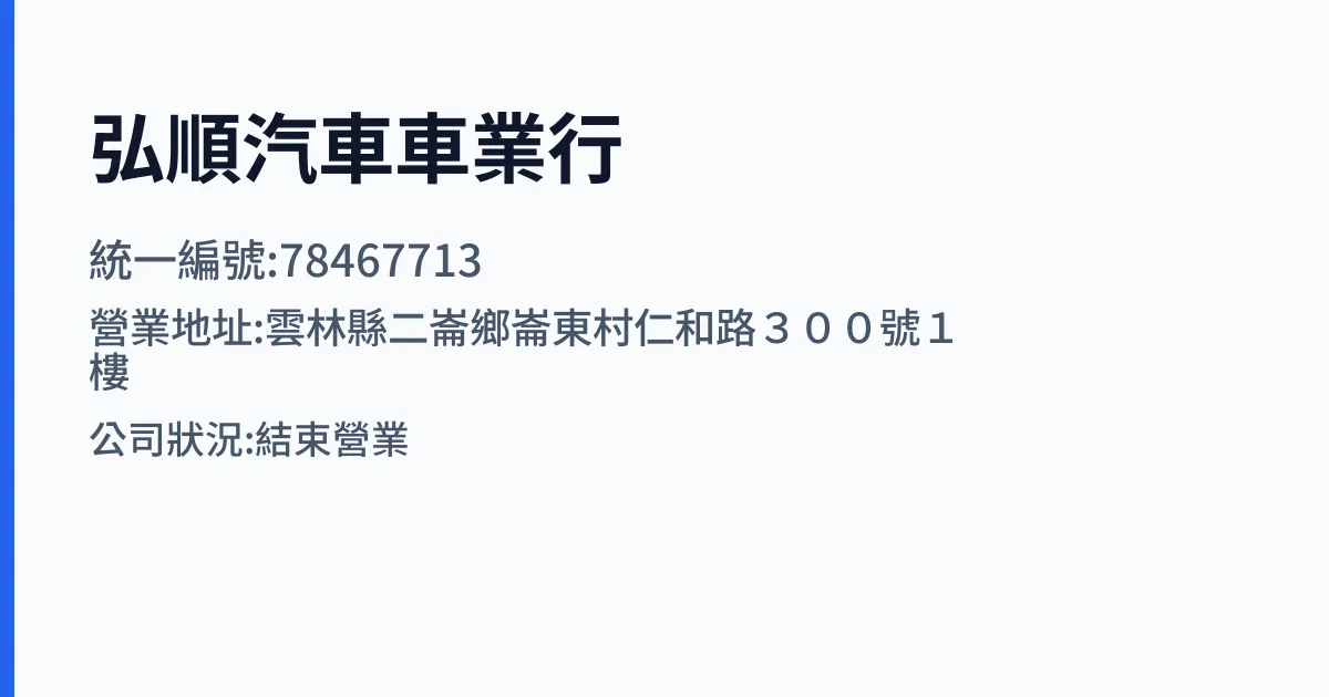 弘順汽車車業行 - 統編 78467713(雲林縣) 公司登記資料與營業項目詳細圖表