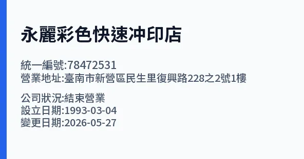 永麗彩色快速冲印店的照片-統編 78472531(臺南市) 公司登記資料與營業項目詳細圖表