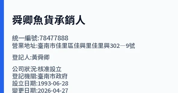 舜卿魚貨承銷人的照片-統編 78477888(臺南市) 公司登記資料與營業項目詳細圖表