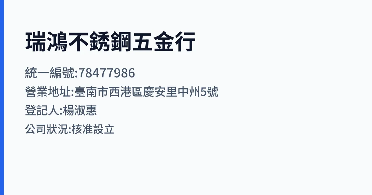 瑞鴻不銹鋼五金行 - 統編 78477986(臺南市) 公司登記資料與營業項目詳細圖表