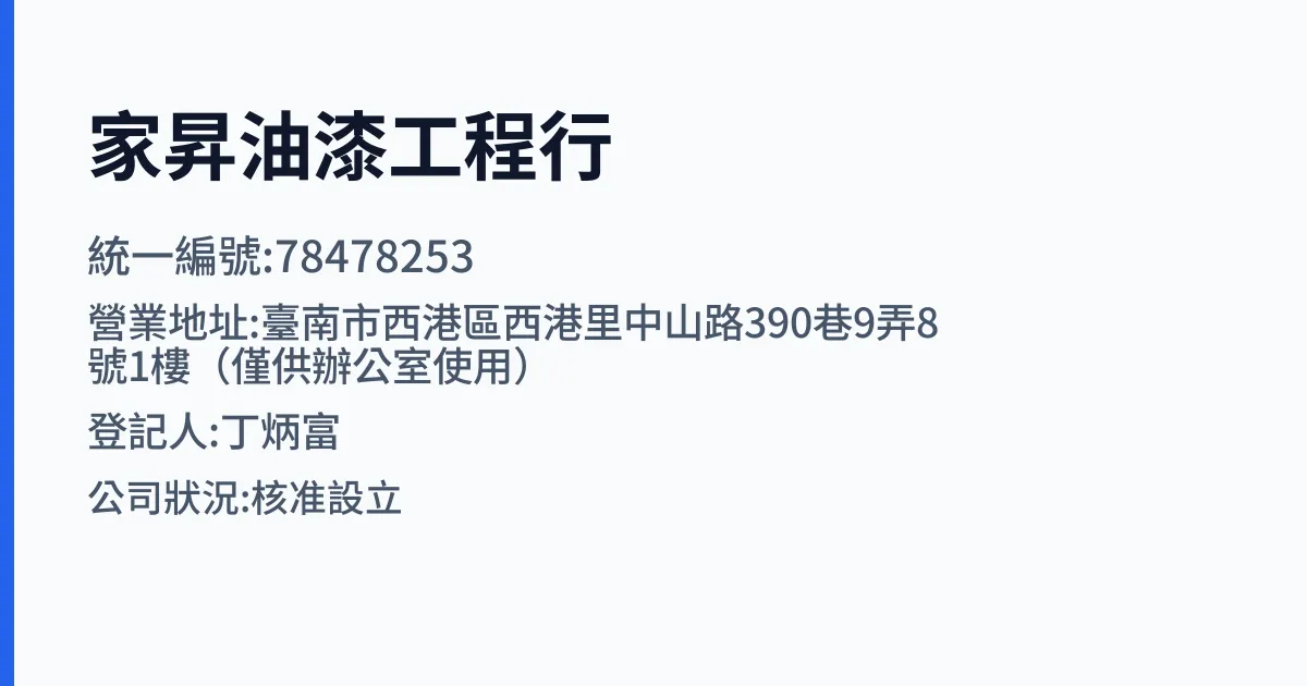 家昇油漆工程行 - 統編 78478253(臺南市) 公司登記資料與營業項目詳細圖表