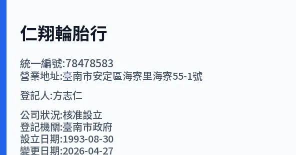 仁翔輪胎行的照片-統編 78478583(臺南市) 公司登記資料與營業項目詳細圖表