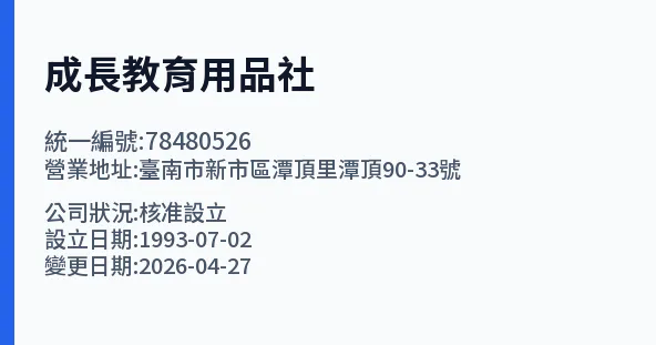 成長教育用品社的照片-統編 78480526(臺南市) 公司登記資料與營業項目詳細圖表
