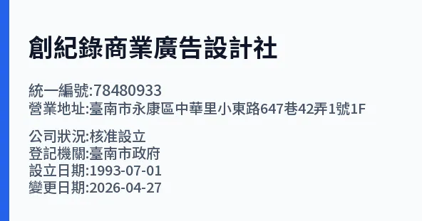 創紀錄商業廣告設計社的照片-統編 78480933(臺南市) 公司登記資料與營業項目詳細圖表