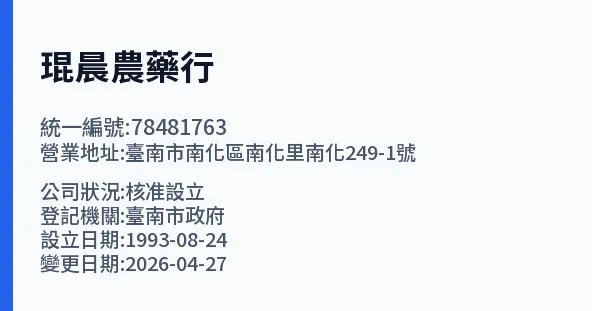琨晨農藥行的照片-統編 78481763(臺南市) 公司登記資料與營業項目詳細圖表
