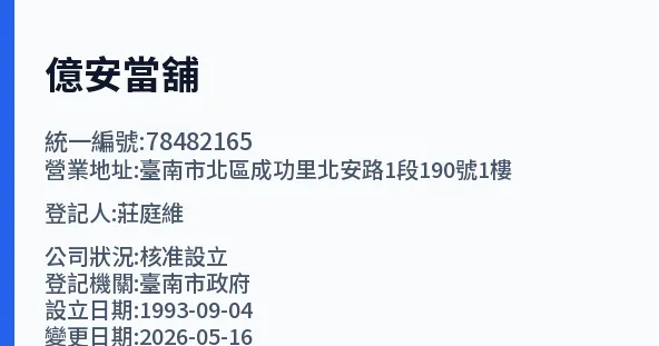 億安當舖的照片-統編 78482165(臺南市) 公司登記資料與營業項目詳細圖表
